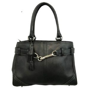 Coach | Bags | Coach Green Stitching Detail Black Leather Tote | Poshmark